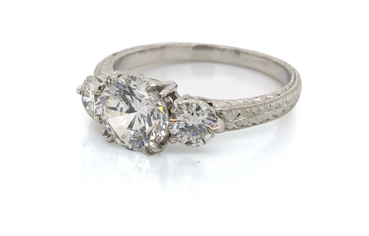 Round Three Stone Ring with Engraved Band Los Angeles Peter Norman