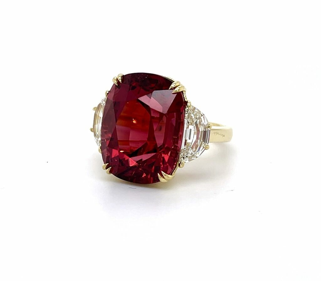 Rare Red Spinel Ring with Half Moon Diamonds Los Angeles | Peter Norman