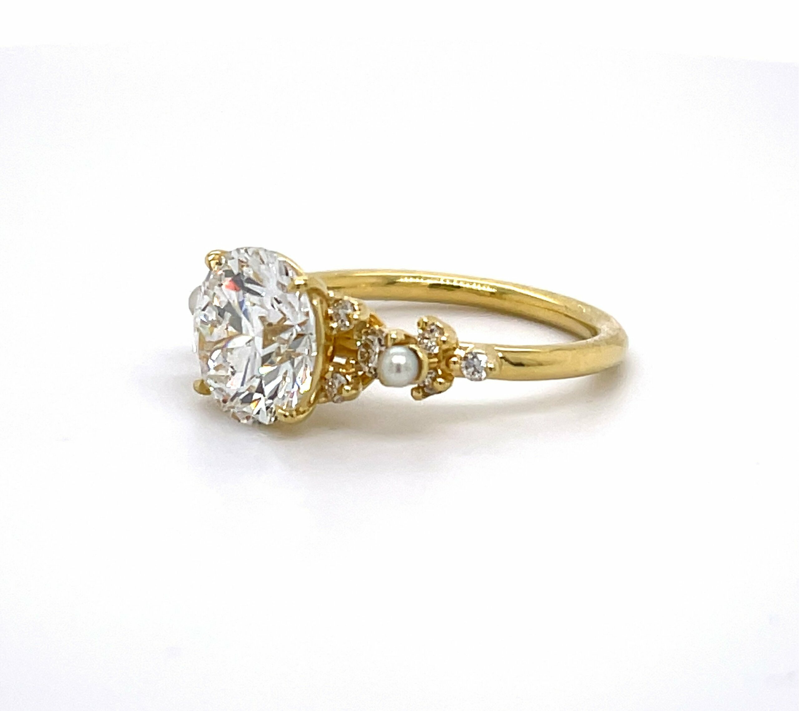 Round Diamond Engagement Ring with Pearl Details Los Angeles Peter Norman
