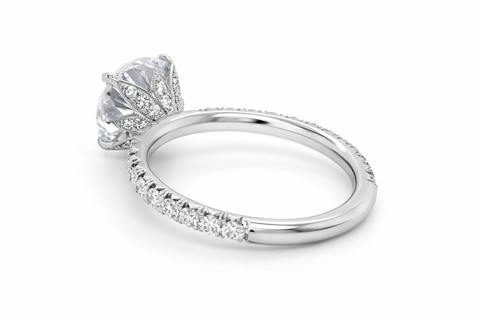Round Brilliant-Cut Engagement Ring with Diamond Floral Prongs Peter Norman