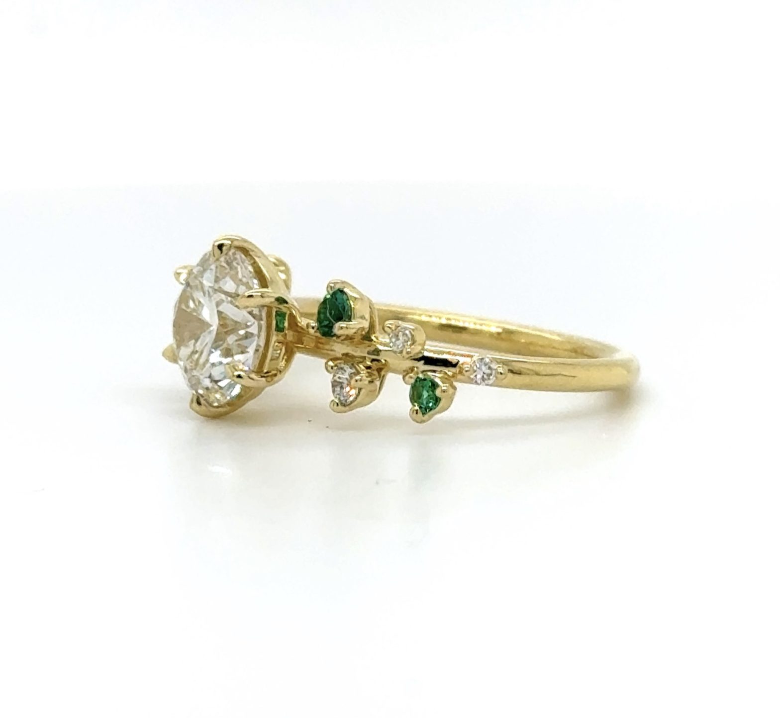 Round Diamond Engagement Ring with Scattered Emerald and Diamond ...