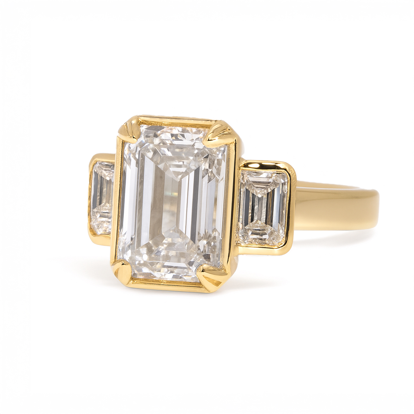 Bezel-Set Three Stone Emerald Cut Diamond Engagement Ring Peter Norman